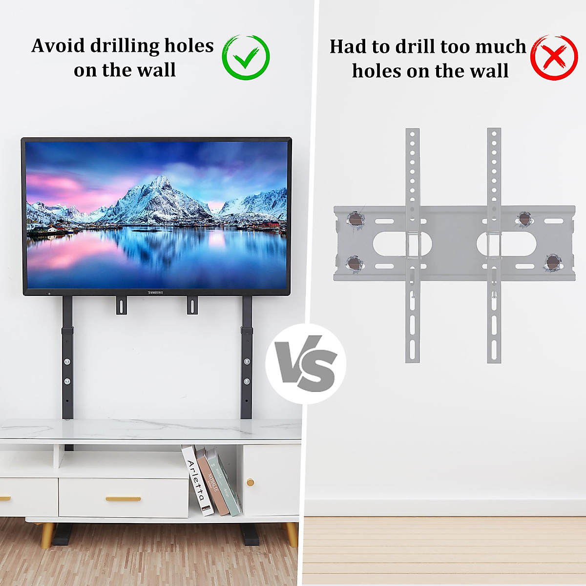 unho Universal Against The Wall TV Stand Floor: Free Standing Mount Stand with Height Adjustable Bracket for TV Bench Compatible with 32-65 inch Flat Panel LED LCD Plasma Screens (White)