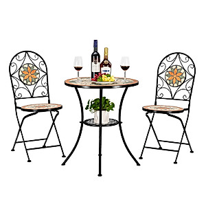 VINGLI 3 Pieces Garden Patio Mosaic Table, Outdoor Bistro Set with Folding Chairs,Black Iron Frame