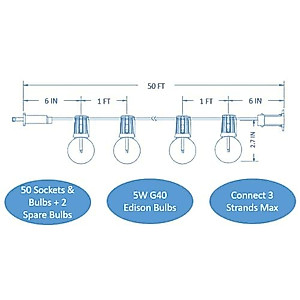SFEG G40 String Lights - 5W Warm Incandescent Shatterproof Glass Bulbs, 18-Gauge Wire - Dimmable Globe String Lights for Backyard, Patio, Porch, Garden - Decorative Outdoor Hanging Lights - 50ft
