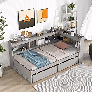 DNChuan Twin Size L-Shaped Corner Daybed with Bookcase Headboard,Captains Bed with Underneath Storage Drawers for Kids Adults,No Box Spring Needed,Grey