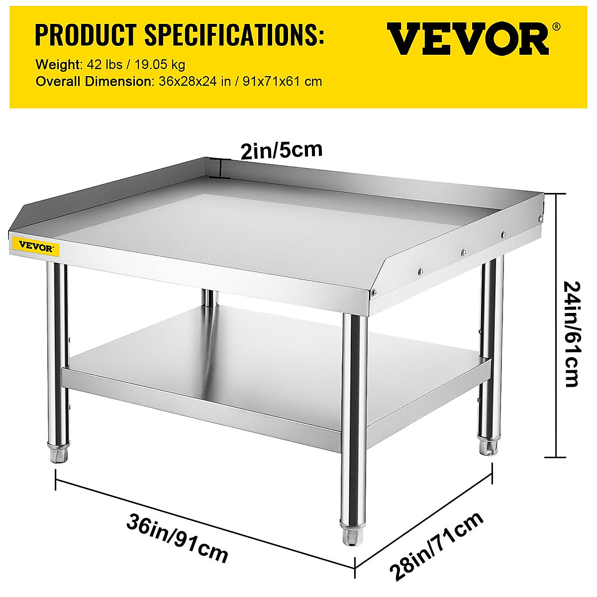 VEVOR Stainless Steel Equipment Grill Stand, 36 x 28 x 24 Inches Stainless Table, Grill Stand Table with Adjustable Storage Undershelf, Equipment Stand Grill Table for Hotel, Home, Restaurant Kitchen
