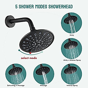 KEWEAI Bathroom Rainfall 8 Inch Shower System Angle Adjustable Circular Rain Shower Head Wall Mount with Curved Extension Arm with Pressure Balance Valve Single Function Matte Black