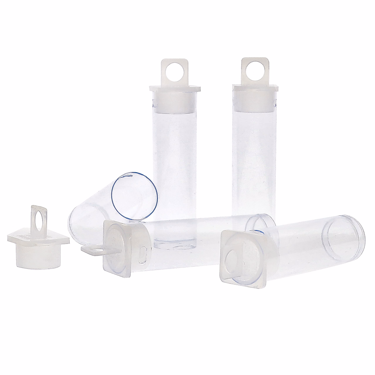 The Beadsmith Clear Plastic Tubes - 2-Inch-Long Round Tubes, 9/16 Inches in Diameter - Hanging Caps - Use for Beads, Bath Salts, Wedding & Party Favors, Home or Office Storage - Bag of 100