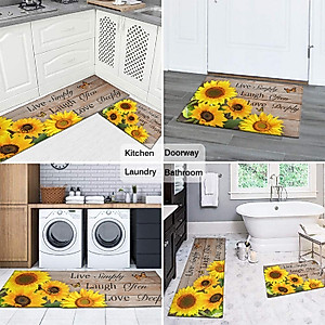 Sunflower Kitchen Rugs and Mats Yellow Sunflower on The Wooden Kitchen Decor Farmhouse Anti Fatigue Mat Non Skid Washable Standing Mat Live Laugh Love Kitchen Rugs17x30+17x47inch