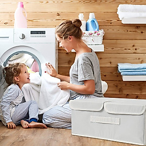 Large Foldable Storage Boxes with Lids Fabric, Large Toy Box, Lidded Storage Bins with Handles for Clothes, 40L Organiser Bathroom Storage Baskets for Clothes Toys Books Bedding or More (Beige 2 Pack)