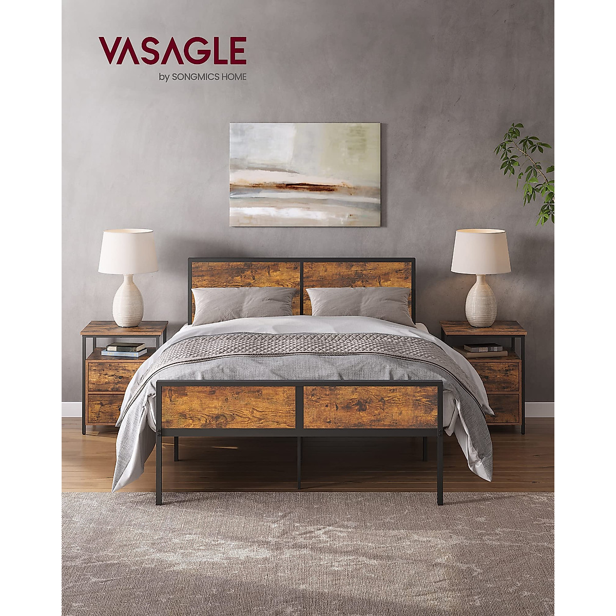 VASAGLE Metal Frame with Headboard, Footboard, No Box Spring Needed, Under-Bed Storage, Full, Classic Rustic