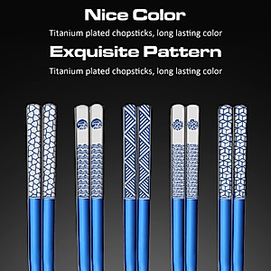 TIICOO Metal Chopsticks Reusable 18/8 Stainless Steel Chopsticks Laser Engraved Premium Titanium Chop Sticks Dishwasher Safe Lightweight Japanese Korean Chopsticks 5 Pairs Gift Set (Blue)