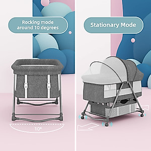 67i Baby Bassinet Portable Folding Rocking Bedside Bassinet Crib for Baby Cosleeper Bassinets Bedside Sleeper on Wheels with Mosquito Nets Newborn Infant Toddler Bassinet with Storage Basket (Grey)
