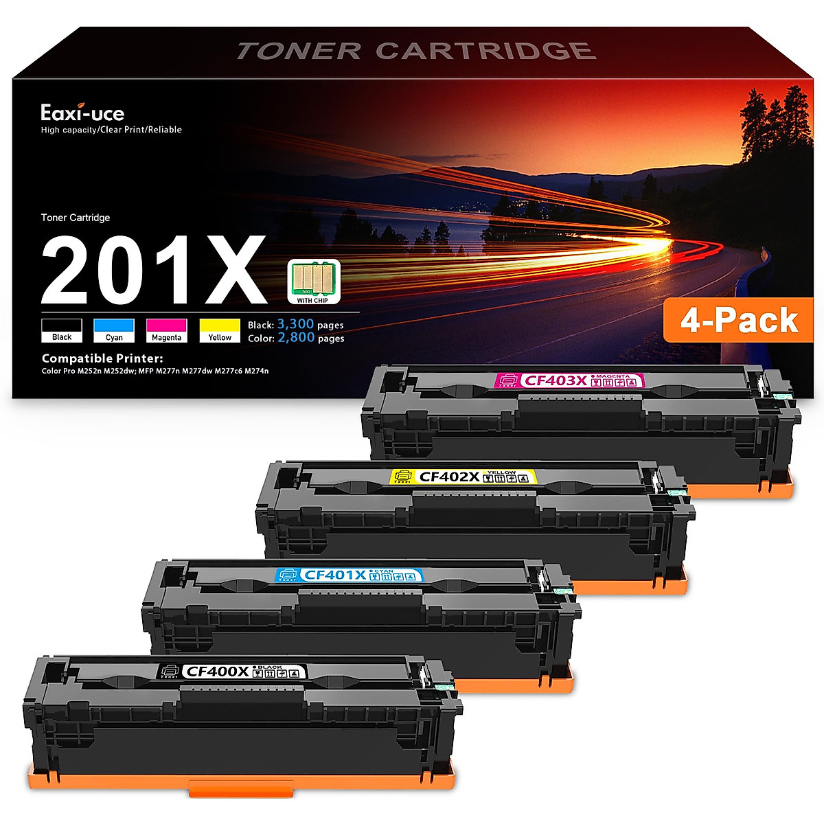 201X Toner Cartridge 4 Pack High-yield Black Cyan Yellow Magenta Replacement for 201X 201A Work with Color Pro M252n M252dw, Pro MFP M274n M277n M277dw M277c6 Series | CF400X CF401X CF402X CF403X