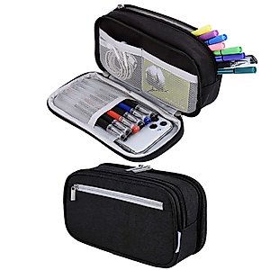Chelory Big Pencil Case Large Capacity Pencil Bag Pouch 3 Multi Comparments High Storage Pen Holder Marker Holder Portable Office Stationery Organizer Supplies Makeup Cosmetic Bag Men Women (Black)