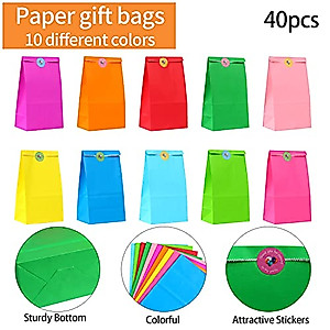 LOKIPA 40 Pieces Party Favor Paper Gift Bags with 48 Pieces Thank You Party Stickers for Birthday Party Supplies (13 x 8 x 24cm)