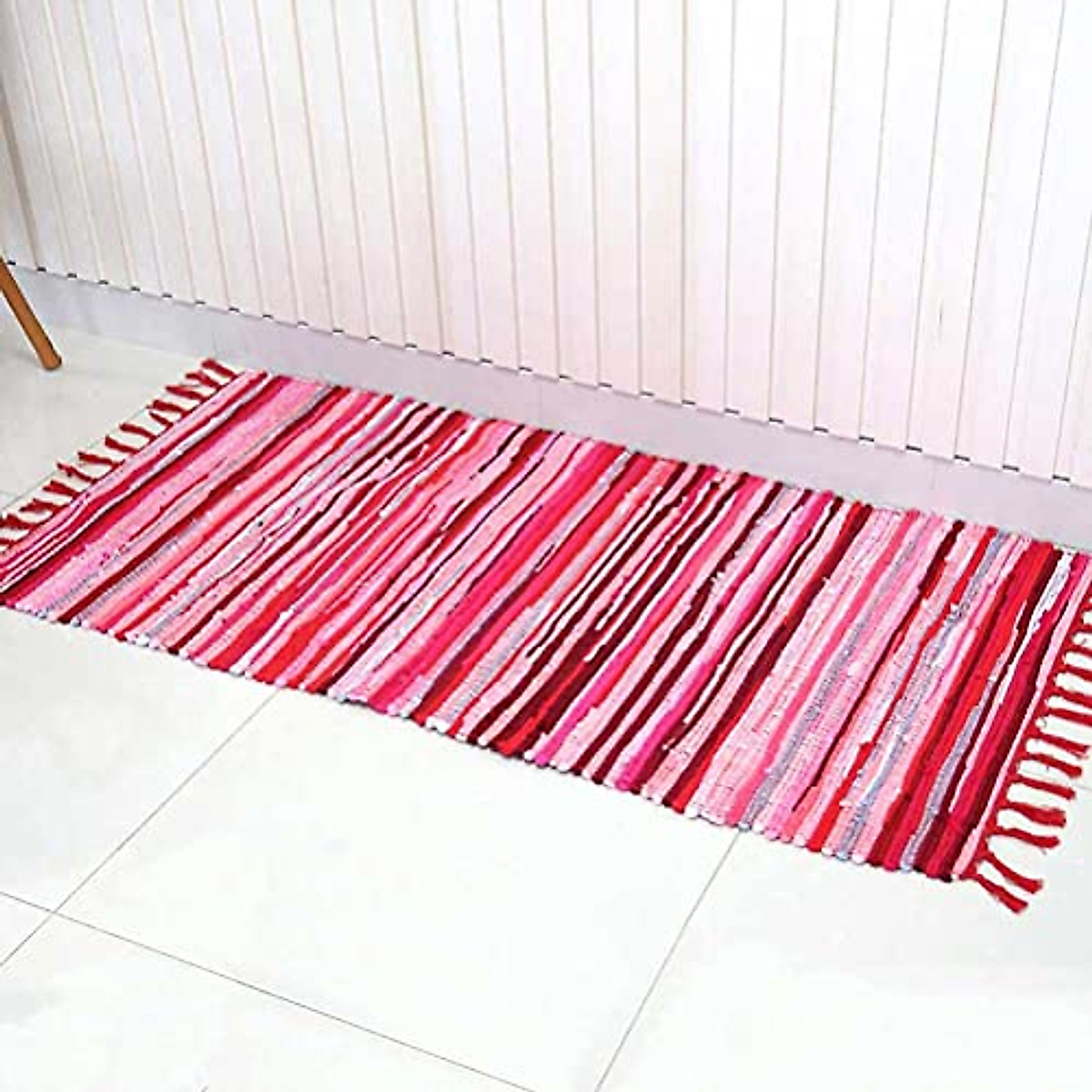 SERENITA Chindi Rug Reversible Rag Cotton Hand Woven Throw Area Rugs for Kitchen Bedroom Bathroom Livingroom Washable Stripe Red 22" x 36"