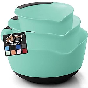 Gorilla Grip Mixing Bowls Set of 3, Slip Resistant Rubber Bottom, Nesting Baking Bowl, Soft Wide Handle, Easy Pour Spout, Electric Mixer and Dishwasher Safe, Kitchen Essentials, 5, 3 and 1.5 QT, Mint