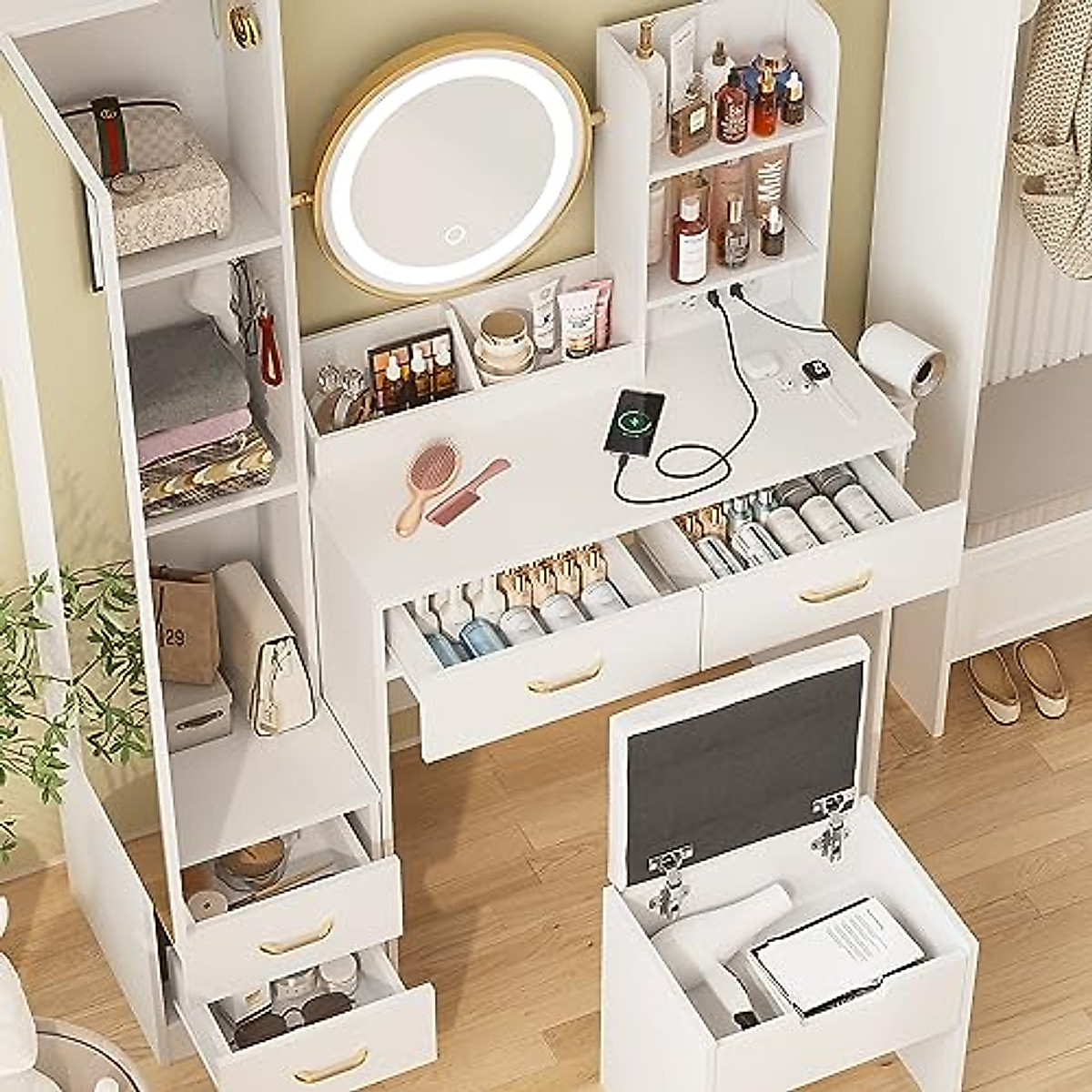 White Vanity Desk with Mirror and Lights & Full Length Mirror, Vanity Mirror with Lights Desk and Chair & Charging Station, 4 Drawers and Lots Storage Shelves