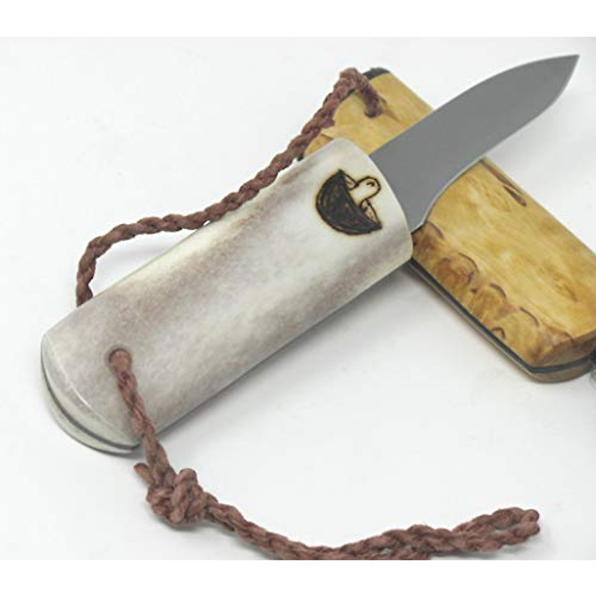 Outdoor Merchants, Made in Finland Kellam Knives Mushroom Pocket Fixed Blade Knife Mushroom Forage Tool Reindeer Antler and Curly Birch, Wood