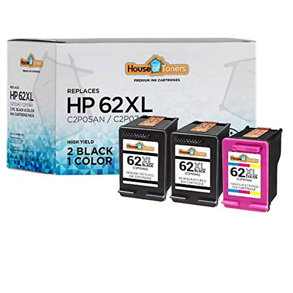 Houseoftoners Replacement for HP62XL HP 62XL Ink for HP Envy 5540 5542 5640 5643 5660 5661 5663 5740 7640 7645 Officejet 200 250 Mobile Printers (2 Black 1 Color, 3PK)