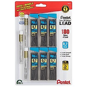 Pentel Eraser and Lead Refill Pack for Mechanical Pencils - Super Hi-polymer Lead Refills Value Pack - 0.7mm 6 Pack of 30 Pieces – Pack of White Eraser Refills 3 Packs of 4 Erasers Each