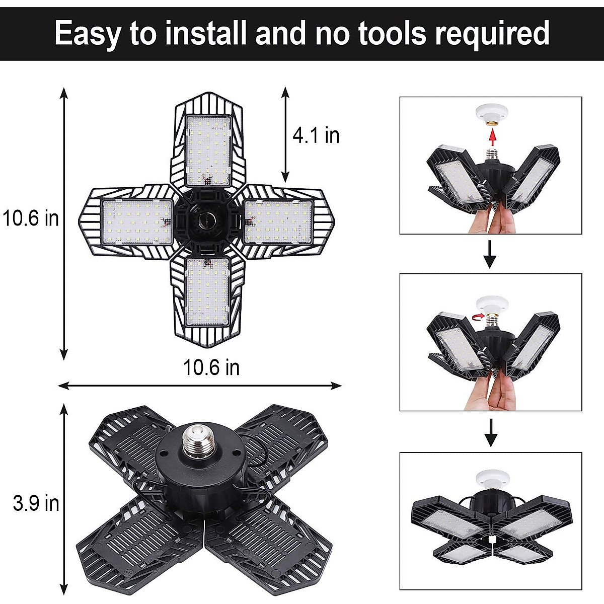 6Pack LED Garage Lights, 100W Deformable LED Lighting 10000LM E26 Daylight 6000K Super Bright Adjustable Lights for Warehouse