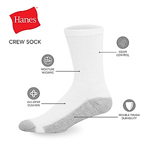 Hanes Mens Double Tough Socks, 12-pair Pack Crew Socks, White/Grey Foot Bottom, 6-12