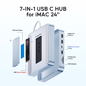 USB C HUB for iMac 24 inch 2021/2023, PULWTOP 7 in 1 USB Hub Adapter iMac Accessories for iMac M1/M3/M4 with USB C 10Gbps 3*USB A SD/TF, Docking Station Support Expand M.2 SSD (Not Included),Blue