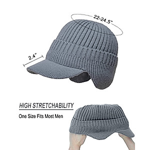 Koreshion Men's Winter Visor Beanie Hat with Earflaps Knit Baseball Cap with Brim Ski Hat Warm Fleece Lined Hunting Hat Grey