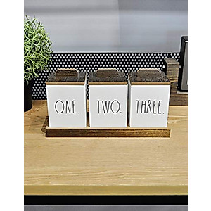 Rae Dunn Bathroom Containers for Organizing - Storage Canister Set of 3 with Lids and Wood Tray - Home Decor, Bathroom Vanity Organizer, Toilet Tank Topper, Makeup and Accessories Holder