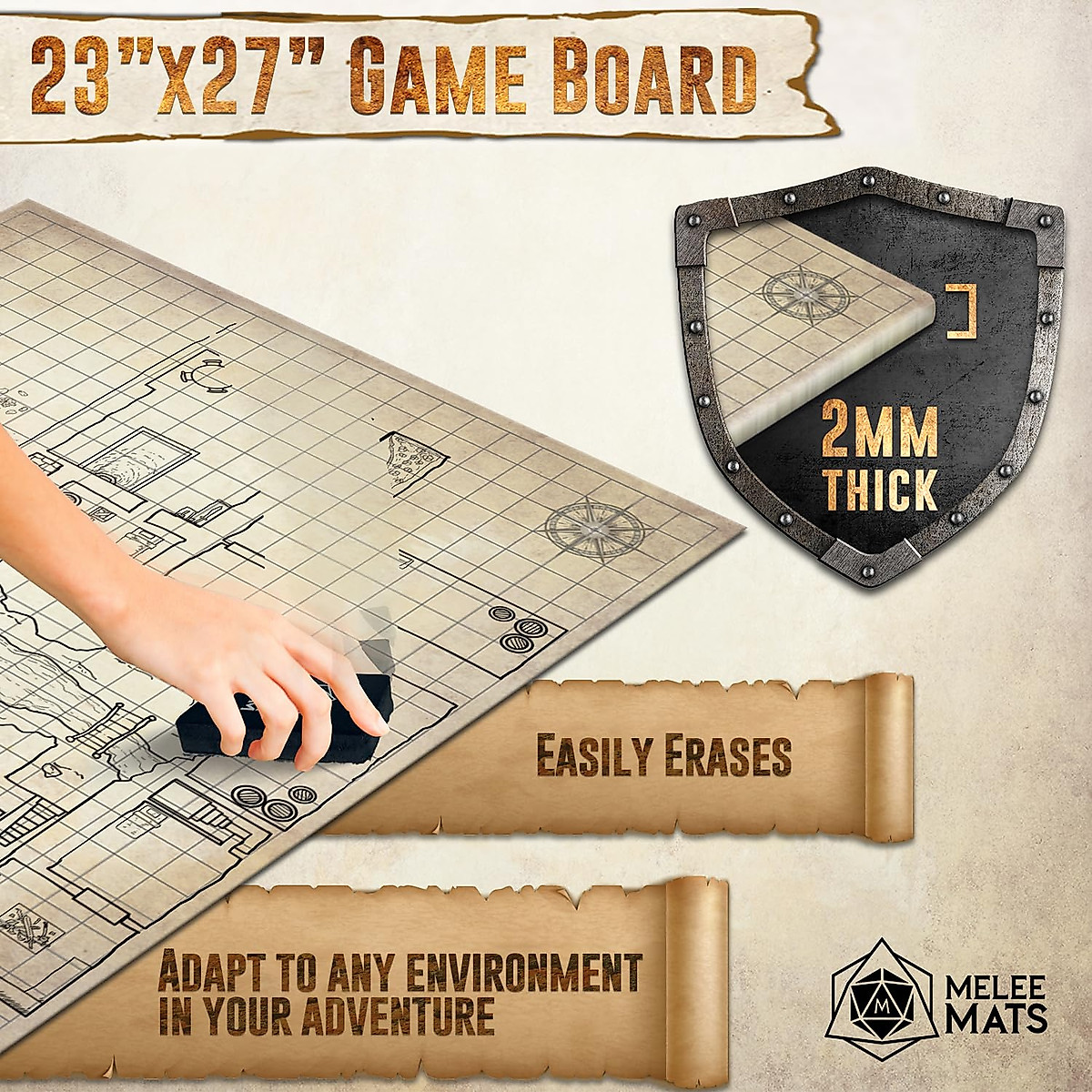 Melee Mats DND Map Starter Kit for Dungeons & Dragons Game - 23” x 27" Double Sided, Wet/Dry Erase Battle Terrain Grid - Ultimate Tabletop Board Gaming Experience with Accessories