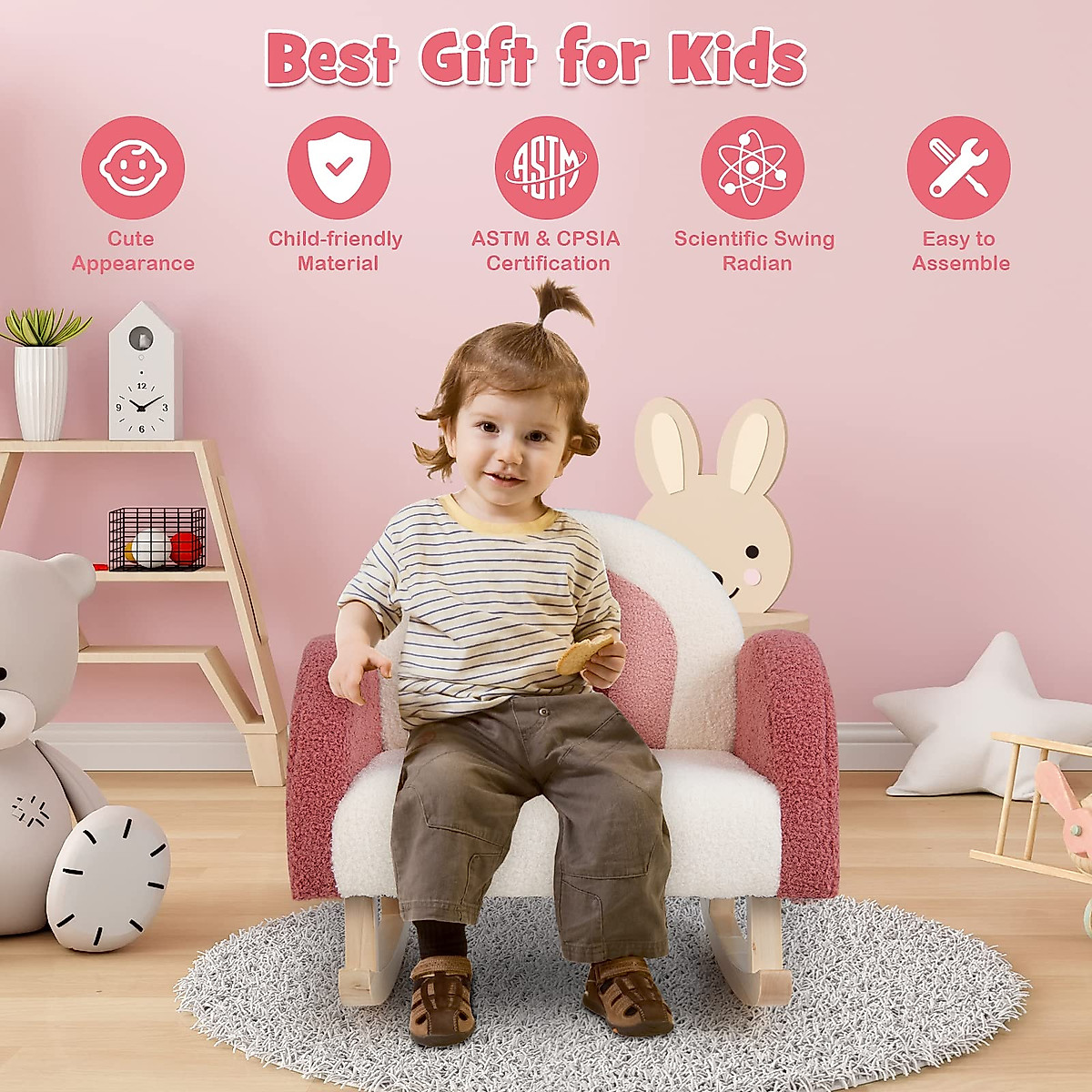 Costzon Kids Sofa, Red, Rocking Chair with Solid Wood Frames, Plush Fabric, Anti-Tip Design for Kids Room, Nursery, Playroom, Preschool, Birthday Gift for Boys Girls, Toddler Furniture Armchair
