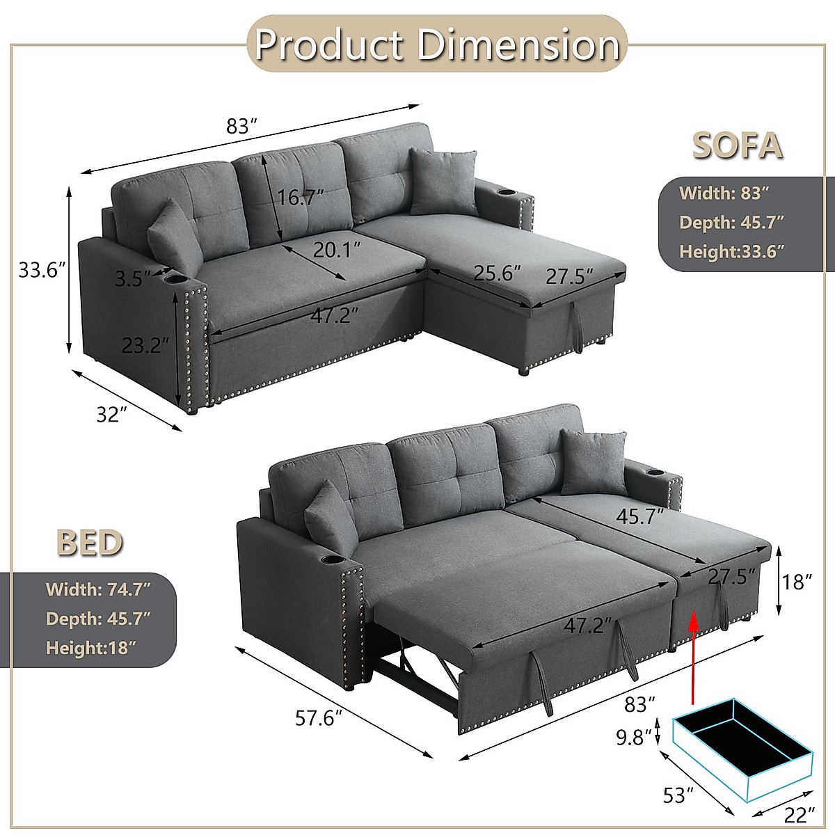 Payeel L Shape Sleeper Sectional Sofa with Storage Chaise Lounge, 83" Pull Out Convertible Sofa Bed with Cup Holder, 3 in 1 Sofa Sleeper Couch for Living Room, Apartment