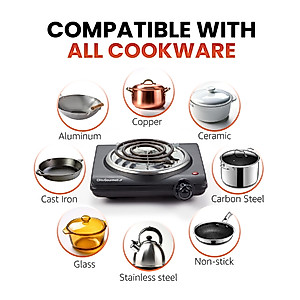 Elite Gourmet ESB100B Countertop Single Coiled Burner Electric Hot Plate, Temperature Control, Indicator Light, Easy to Clean, Black