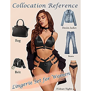 Avidlove Lingerie Set for Women Sexy Ring Linked Choker Bra and Panty Sets for Women Black X-large