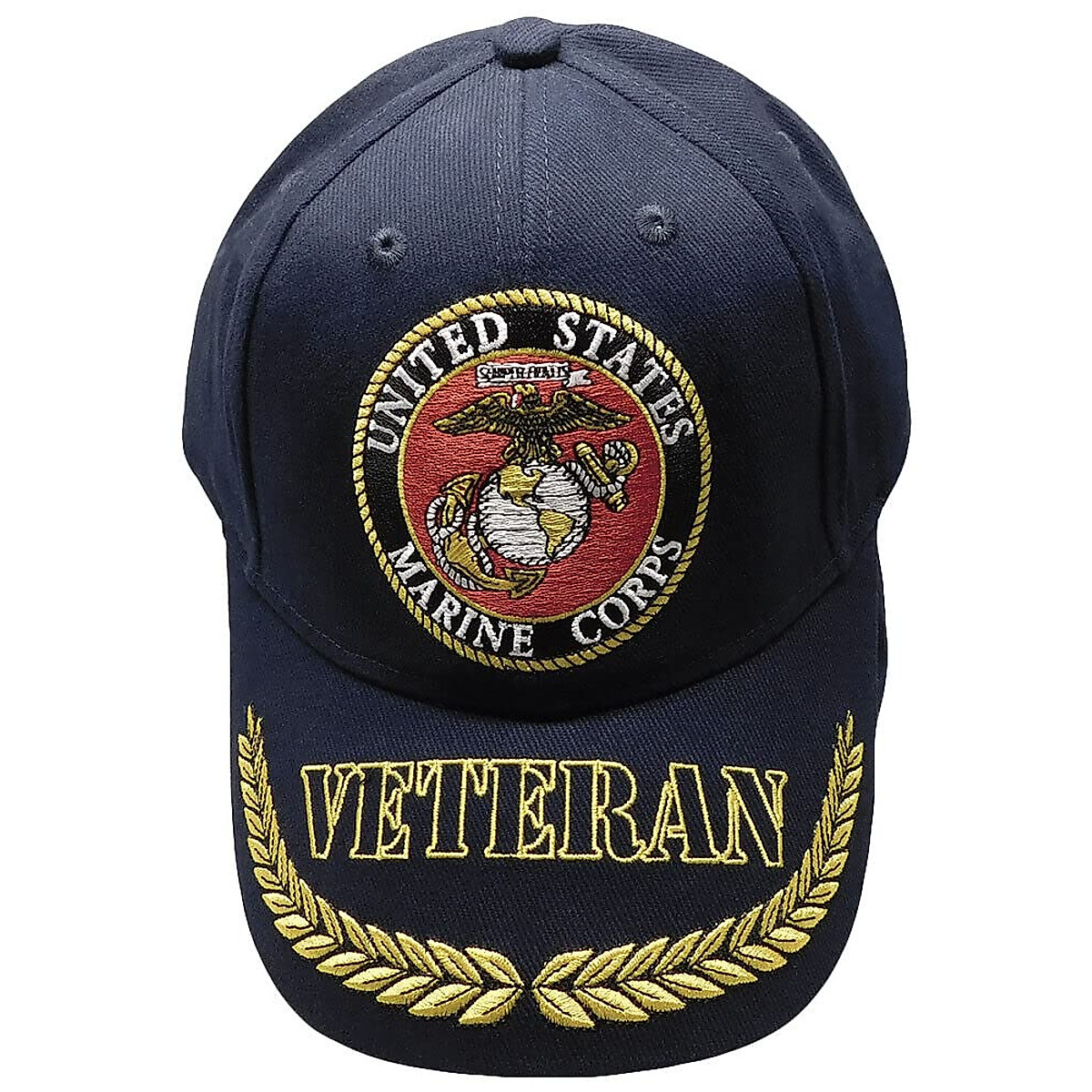 United States Marine Corps Emblem Veteran Wreath Navy Blue Adjustable Embroidered Cotton Hat Cap - Officially Licensed