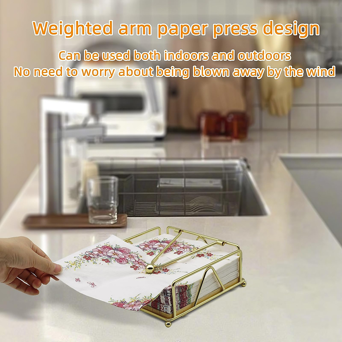 Lxooezu Flat Napkin Holder For Table,Square Wooden Base,Metal Weighted Arm Paper Napkin Holders,Paper Towel Dispensers for Kitchen Countertops,Table Decorations and Outdoor Picnics（Gold）
