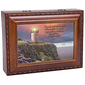 Cottage Garden I Am The Light of The World Woodgrain Rope Trim Jewelry Music Box Plays Friend in Jesus