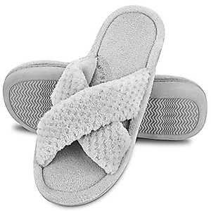DL Women's Open Toe Cross Band Slippers, Memory Foam Slip on Home Slippers for Women with Indoor Outdoor Arch Support Rubber Sole, Gray, 7-8