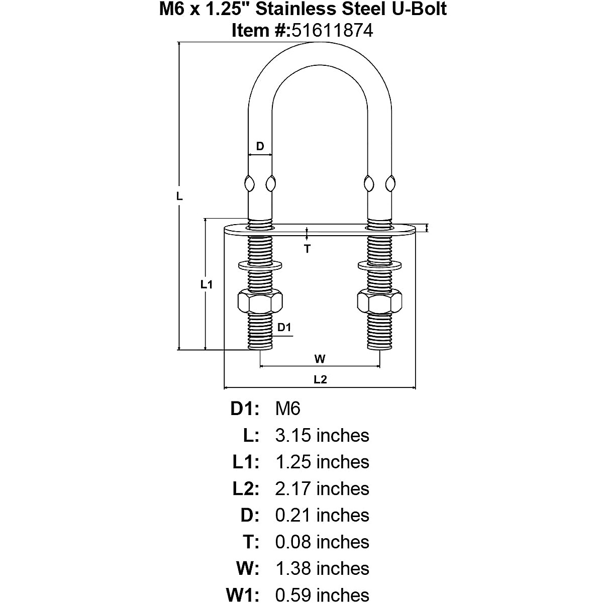 M6 x 1.25" Stainless Steel U-Bolt