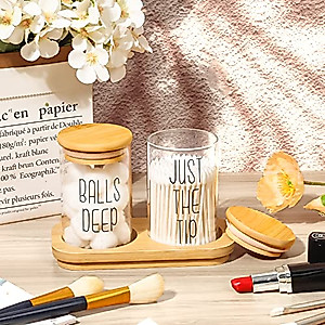Funny Qtip Holder Dispenser 2 Pack Glass Apothecary Jars Bathroom Canisters with Tray, Cotton Ball Qtip Holder Bathroom Set with Bamboo Lids for Cotton Swab Farmhouse Bathroom Storage Organization