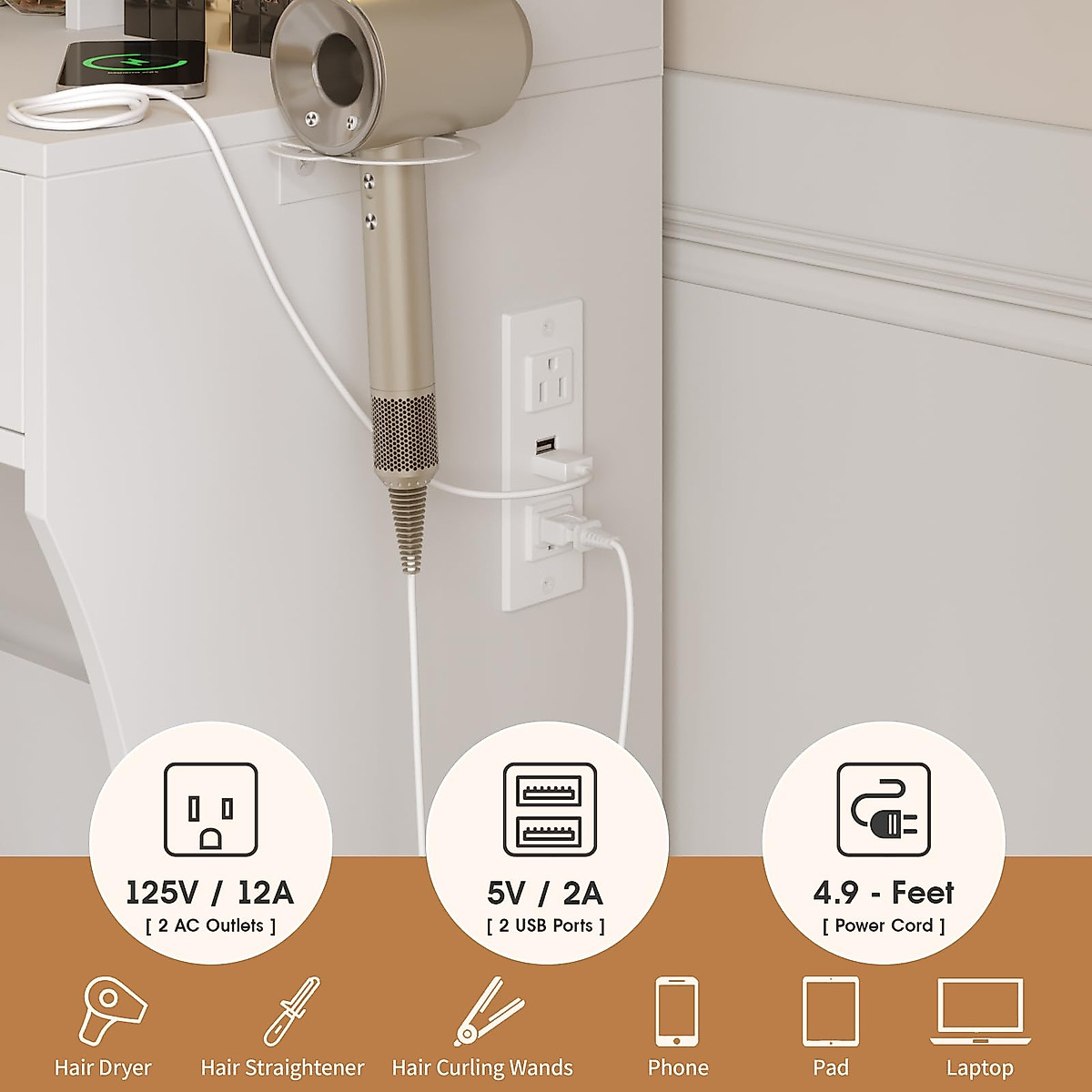 Fameill Vanity Desk with Mirror and Lights, White Makeup Vanity with 3 Color Lighting & 2 Large Drawers, Small Vanity with Charge Station and Stool, Vanity Set with Hidden Sliding Jewelry Cabinet