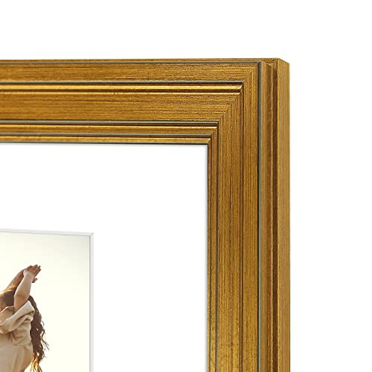 Frametory, 11x14 Picture Frame - for Two 5x7 Photos, Two Opening White Mat - Wall Display - Great for Wedding, Graduation, Engagement Photographs - Dark Gold