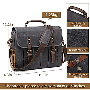 BOVIP 15.6 inches Vintage Mens Messenger Bag Water Resistant Genuine Leather Canvas Satchel Shoulder Bag Briefcase Laptop Bag with USB Charging,Headset Port,Dark Gray