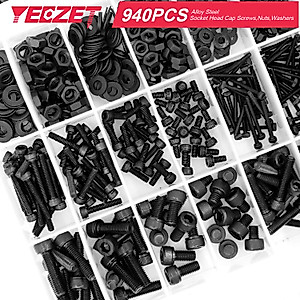 YEEZET M2 M3 M4 M5 12.9 Grade Alloy Steel Hex Socket Head Cap Screws Bolts Nuts Flat Washers Set Assortment Kit with Storage Box, Allen Socket Drive (940 PCS)