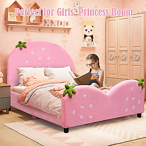 Costzon Twin Bed Frames for Kids, Wood Upholstered Twin Bed Platform with Slat Support, Padded Headboard&Footboard, No Box Spring Needed, Easy Assembly, Fits Standard Twin Mattress (Strawberry)