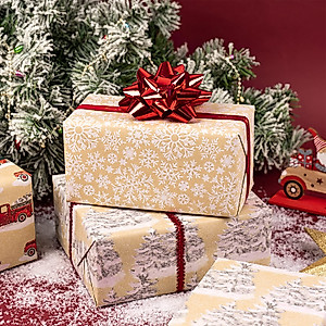 RUSPEPA Christmas Wrapping Paper, Kraft Paper - Snowflake, Snowman, Red Truck and Christmas Tree - 4 Rolls - 30 inches x 10 feet per Roll