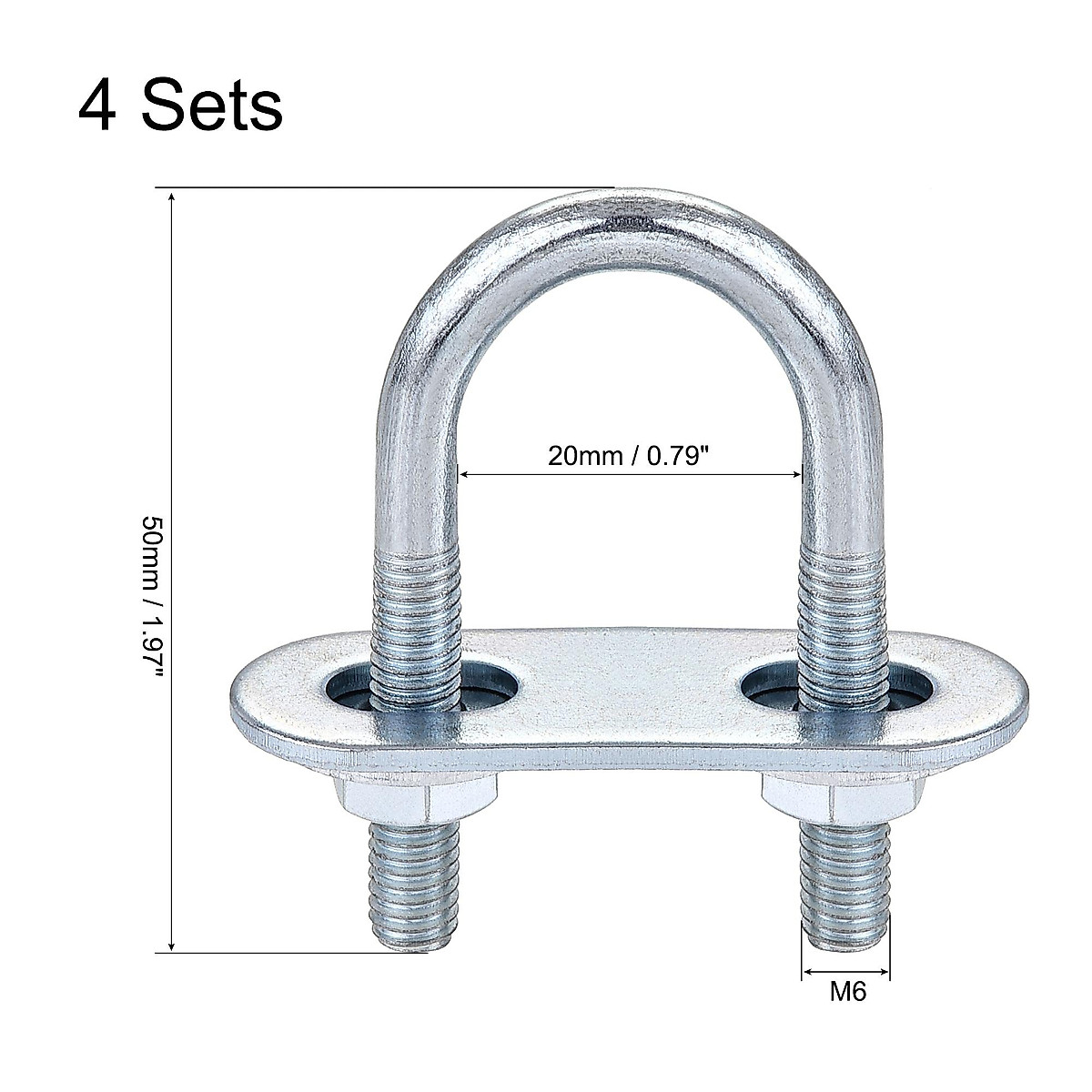 uxcell Round U-Bolts 4 Sets 0.79"(20mm) Inner Width 50mm Length Steel M6 with Nut, Plate, Washer