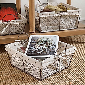 Motifeur Metal Farmhouse Storage Baskets With Removable Liner (Set of 3, White with Floral Pattern) (Short-Set of 3)