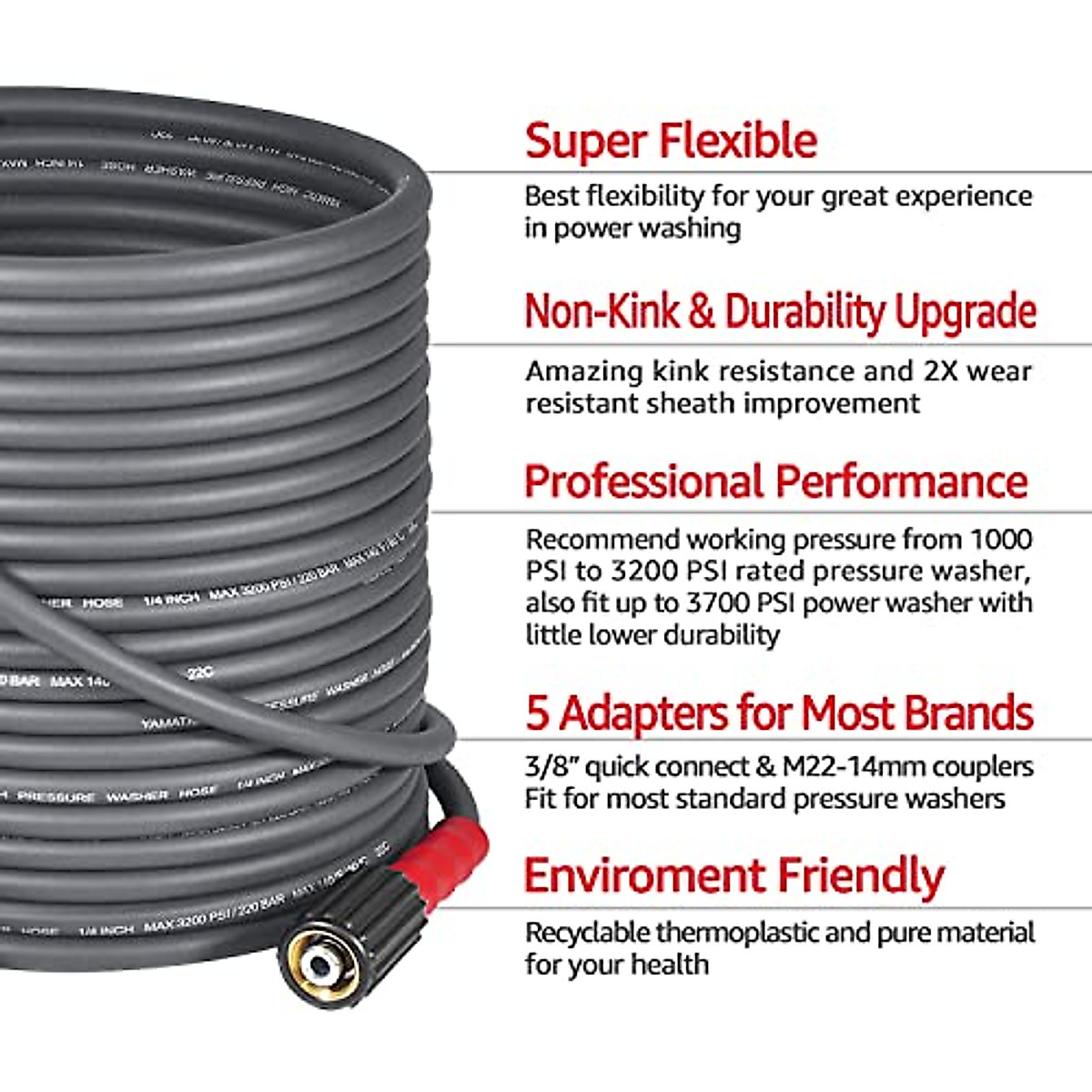 YAMATIC Super Flexible Pressure Washer Hose 50FT X 1/4", Kink Resistant Real 3200 PSI Heavy Duty Power Washer Extension Replacement Hose With M22-14mm x 3/8" Quick Connect Kit For Gas & Electric, Grey