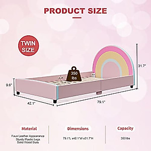 IKIFLY Twin Size Kids Bed, Children Upholstered Twin Platform Bed Frame with Curved Headboard, Pink Toddler Bed for Boys & Girls, Teens, No Box Spring Needed - Rainbow Design