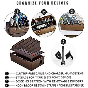 Prosumer's Choice Natural Bamboo Charging Station Rack for Smartphones and Tablets | Simple All-in-one Organizer, with Removable Dividers, Perfect to Work from Home - Dark Brown