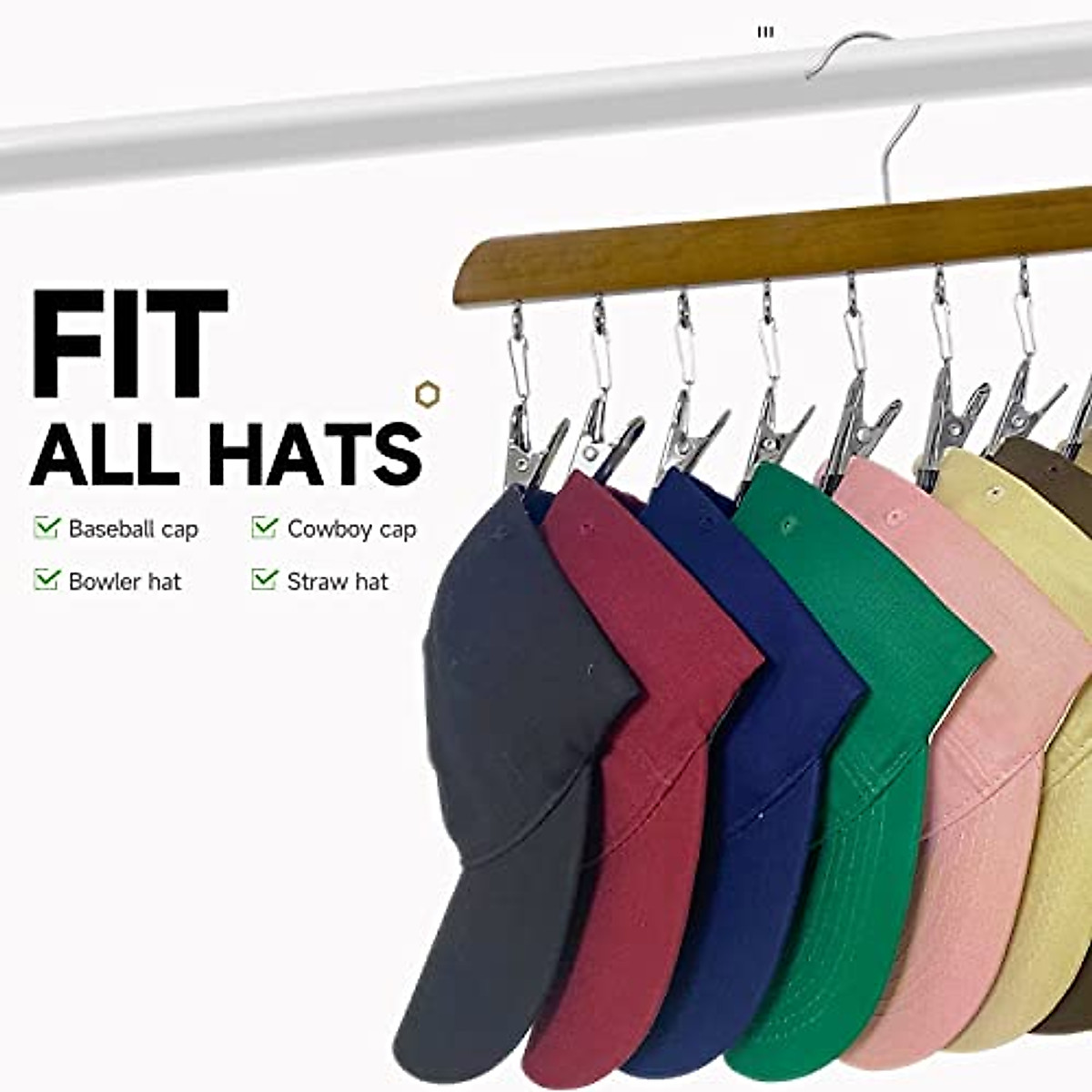 YI Boutique Hat Organizer, Wooden Hat Hangers for Closet, Hat Racks for Baseball Caps, Set of 2 Cap Organizer with 10 Adjustable Stainless Steel Clips, Hat Storage Fits All Caps