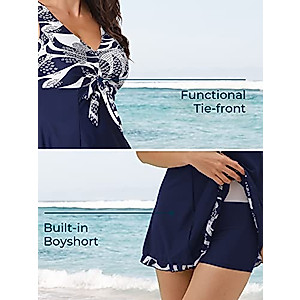 MiYang Women's One Piece High Waist Padded Swim Dress, Navy Flower, Tag Size XL=S (US 4-6)